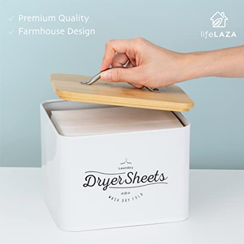 LifeLAZA Metal Dryer Sheet Holder with Bamboo Lid, Dryer Sheet Dispenser for Fabric Softener Sheets, Farmhouse Container Storage Box for Laundry Room Decor