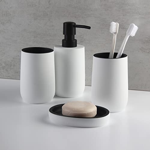 3&7 BRICK Black and White Bathroom Accessories Set,4 Pieces,Toothbrush Holder,Lotion Soap Dispenser,Tumbler,Soap Dish, Resin Countertop Complete Decor and Gift Set