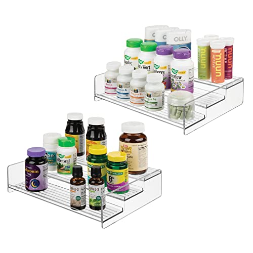 mDesign 3 Tier Bathroom Organizer Shelf - Storage Rack for Vitamins, Supplements - Versatile Compact Space Saving Holder for Countertops, Cabinets, Shelves - Ligne Collection - 2 Pack - Clear