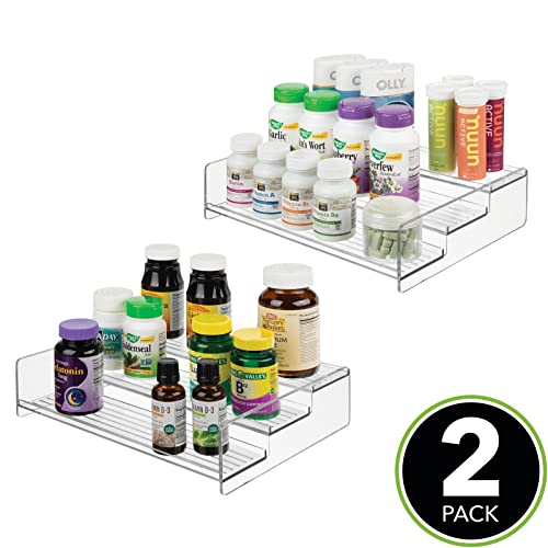 mDesign 3 Tier Bathroom Organizer Shelf - Storage Rack for Vitamins, Supplements - Versatile Compact Space Saving Holder for Countertops, Cabinets, Shelves - Ligne Collection - 2 Pack - Clear