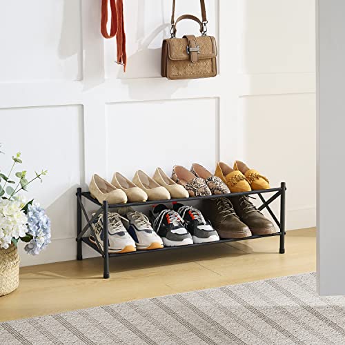 Tajsoon 2-Tier Stackable Shoe Rack, Expandable Fabric Shoes Shelf Storage Organizer with X Shape Fixed Frame for Entryway Doorway, Black