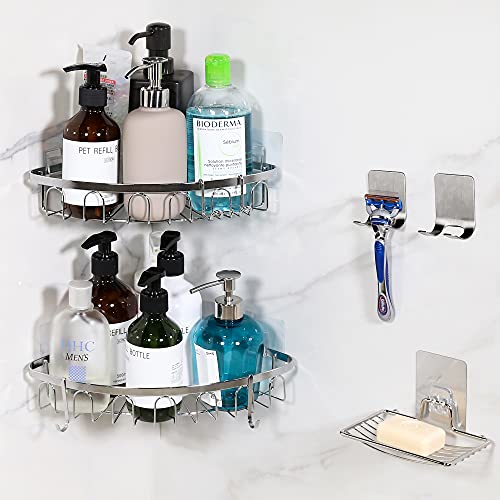 ALAMHI 2 Tiers Corner Shower Caddy Bathroom Shelf with Hooks and Soap Dish, SUS304 Stainless Steel Wall Mounted Adhesive Shower Holder Organizer Shelf, Rustproof No Drilling for Toilet,Shampoo and Kitchen - 2 Pack