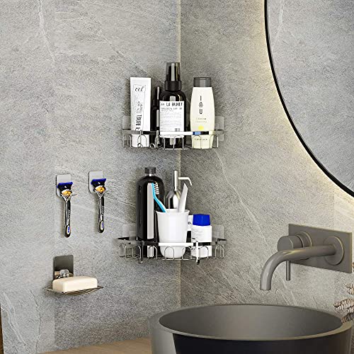 ALAMHI 2 Tiers Corner Shower Caddy Bathroom Shelf with Hooks and Soap Dish, SUS304 Stainless Steel Wall Mounted Adhesive Shower Holder Organizer Shelf, Rustproof No Drilling for Toilet,Shampoo and Kitchen - 2 Pack