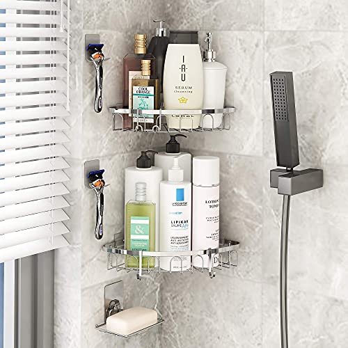 ALAMHI 2 Tiers Corner Shower Caddy Bathroom Shelf with Hooks and Soap Dish, SUS304 Stainless Steel Wall Mounted Adhesive Shower Holder Organizer Shelf, Rustproof No Drilling for Toilet,Shampoo and Kitchen - 2 Pack