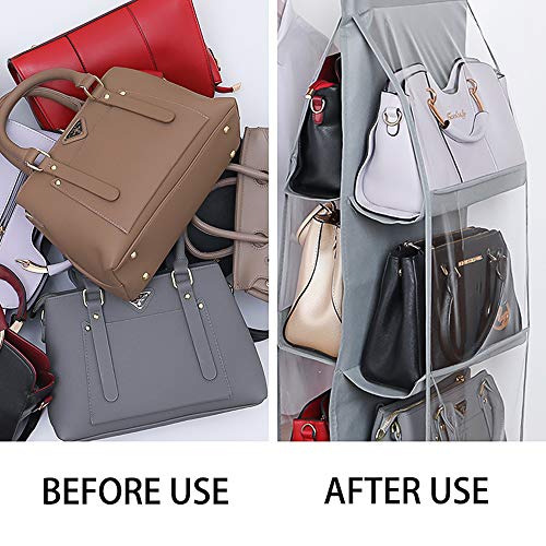 inheming Hanging Purse Handbag Organizer, Clear Dust Cover Space Saver Storage Holder Bag, 6 Pockets Wardrobe Closet Handbags Storage(Gray)