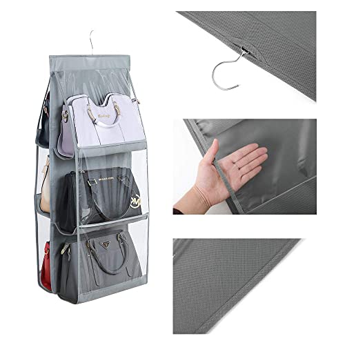 inheming Hanging Purse Handbag Organizer, Clear Dust Cover Space Saver Storage Holder Bag, 6 Pockets Wardrobe Closet Handbags Storage(Gray)