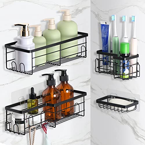 HappyHapi 4 Pack Shower Caddy with Hooks, No Drilling Adhesive Shower Shelf Rustproof Shower Caddy for Bathroom Camper RV Kitchen(2 Shower Organizer,1 Soap Holders,1 Toothbrush holder)