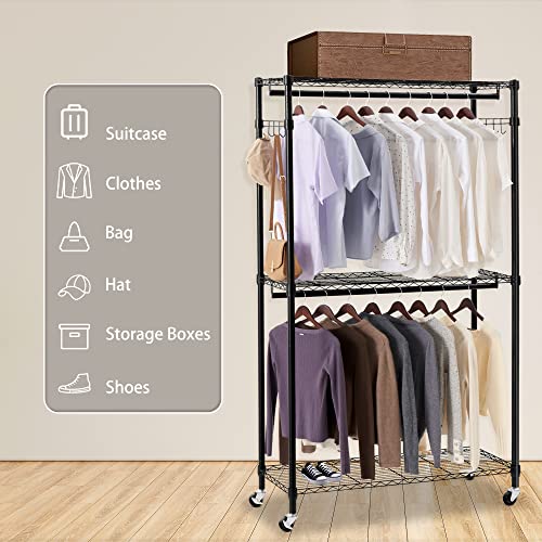 SIMFLAG Clothing Rack, 3 Tiers Garment Rack with Shelves, Rolling Garment Rack, Clothing Racks for Hanging Clothes, Lockable Wheels and Side Hooks, Max Load 460 lbs