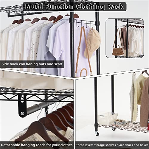 SIMFLAG Clothing Rack, 3 Tiers Garment Rack with Shelves, Rolling Garment Rack, Clothing Racks for Hanging Clothes, Lockable Wheels and Side Hooks, Max Load 460 lbs