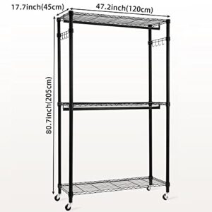 SIMFLAG Clothing Rack, 3 Tiers Garment Rack with Shelves, Rolling Garment Rack, Clothing Racks for Hanging Clothes, Lockable Wheels and Side Hooks, Max Load 460 lbs