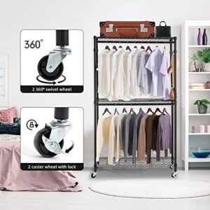 SIMFLAG Clothing Rack, 3 Tiers Garment Rack with Shelves, Rolling Garment Rack, Clothing Racks for Hanging Clothes, Lockable Wheels and Side Hooks, Max Load 460 lbs