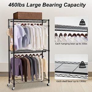 SIMFLAG Clothing Rack, 3 Tiers Garment Rack with Shelves, Rolling Garment Rack, Clothing Racks for Hanging Clothes, Lockable Wheels and Side Hooks, Max Load 460 lbs