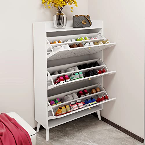 Mcltopz Shoe Cabinet with 3 Flip Drawers and Baffle, Modern Free-Standing Shoe Rack Narrow Shoe Storage Cabinet Wooden Shoe Rack Storage Cabinet for Entryway Hallway Doorway Small Space (White)