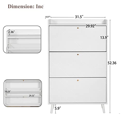 Mcltopz Shoe Cabinet with 3 Flip Drawers and Baffle, Modern Free-Standing Shoe Rack Narrow Shoe Storage Cabinet Wooden Shoe Rack Storage Cabinet for Entryway Hallway Doorway Small Space (White)