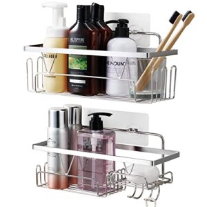 aurikar shower caddy adhesive shower organizer rack with hooks, no drilling stainless steel wall hanging shower shelf for inside shower bathroom restroom storage, silver 2-pack