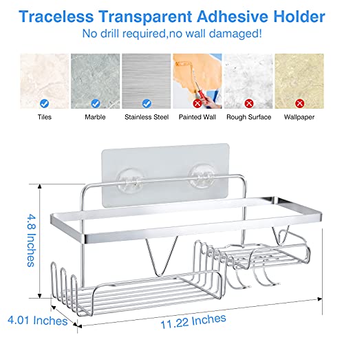 AURIKAR Shower Caddy Adhesive Shower Organizer Rack with Hooks, No Drilling Stainless Steel Wall Hanging Shower Shelf for Inside Shower Bathroom Restroom Storage, Silver 2-Pack