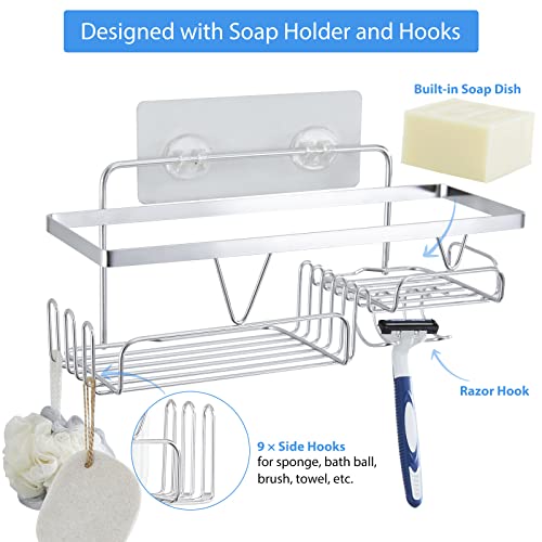 AURIKAR Shower Caddy Adhesive Shower Organizer Rack with Hooks, No Drilling Stainless Steel Wall Hanging Shower Shelf for Inside Shower Bathroom Restroom Storage, Silver 2-Pack