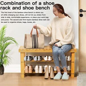 CMOOD Bamboo Shoe Rack Bench, 3-Tier Bamboo Shoe Organizer for Entryway Hallway Bathroom Bedroom Living Room, Storage Shoe Shelf Holds up to 300lbs