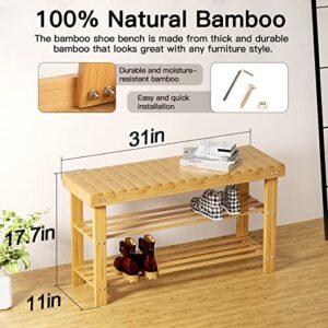 CMOOD Bamboo Shoe Rack Bench, 3-Tier Bamboo Shoe Organizer for Entryway Hallway Bathroom Bedroom Living Room, Storage Shoe Shelf Holds up to 300lbs