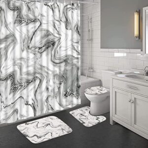 claswcalor 4 pcs grey marble shower curtain sets with non-slip rug, toilet lid cover and bath mat, abstract white and gray shower curtain with hooks, modern luxury shower curtains for bathroom decor