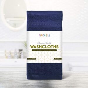 Beauty Threadz - Premium Quality Pack of 12 Luxury Washcloths 100% Ring Spun Cotton 12x12 inch Face Towel Highly Absorbent, Ultra Soft & Fade Resistant 500 GSM Fluffy Wash Cloth Set (Navy)