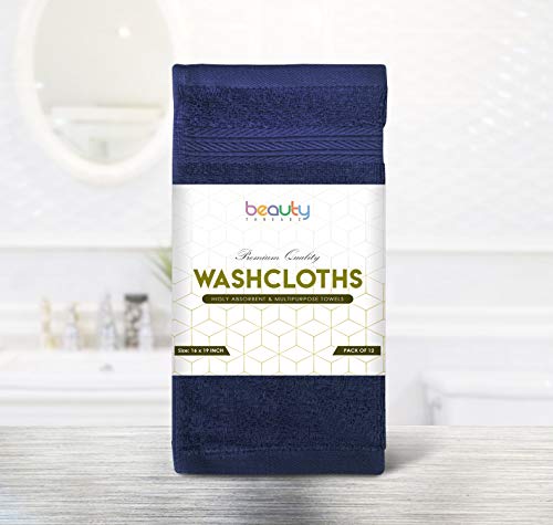 Beauty Threadz - Premium Quality Pack of 12 Luxury Washcloths 100% Ring Spun Cotton 12x12 inch Face Towel Highly Absorbent, Ultra Soft & Fade Resistant 500 GSM Fluffy Wash Cloth Set (Navy)