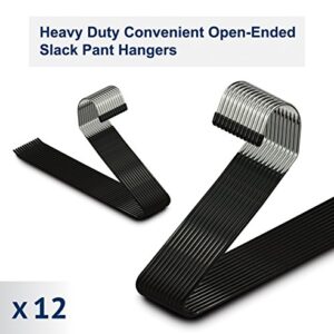 TESS Premium 12 Pack Slack Pant Hangers Trousers Jean Hangers, Heavy Duty, Anti-Rust Open Ended Pants, Easy Slide, Pants Organizers, Non-Slip Chrome and Black Friction