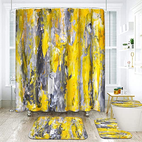 Abstract Yellow Bathroom Sets with Shower Curtain and Rugs and Accessories, Yellow Black and Gray Shower Curtain Sets, Modern Shower Curtains for Bathroom,Orange Bathroom Decor 4 Pcs