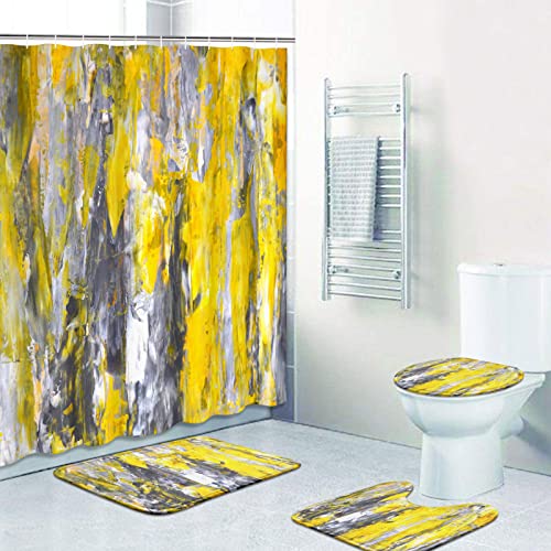 Abstract Yellow Bathroom Sets with Shower Curtain and Rugs and Accessories, Yellow Black and Gray Shower Curtain Sets, Modern Shower Curtains for Bathroom,Orange Bathroom Decor 4 Pcs