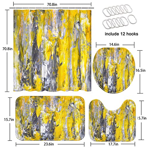 Abstract Yellow Bathroom Sets with Shower Curtain and Rugs and Accessories, Yellow Black and Gray Shower Curtain Sets, Modern Shower Curtains for Bathroom,Orange Bathroom Decor 4 Pcs