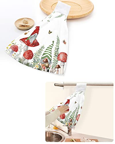 Mushroom Gnomes Hanging Kitchen Towels Set of 1, Hand Towels with Loops, Spring Floral Teal Botanical Water Absorbent Dish Cloth Tie Towels Tea Bar Towels Hand Towels for Bathroom