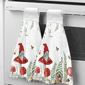 Mushroom Gnomes Hanging Kitchen Towels Set of 1, Hand Towels with Loops, Spring Floral Teal Botanical Water Absorbent Dish Cloth Tie Towels Tea Bar Towels Hand Towels for Bathroom