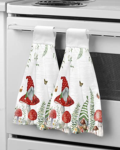 Mushroom Gnomes Hanging Kitchen Towels Set of 1, Hand Towels with Loops, Spring Floral Teal Botanical Water Absorbent Dish Cloth Tie Towels Tea Bar Towels Hand Towels for Bathroom