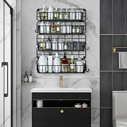 CALM COZY Bathroom Organizer, 4-Tier Shower Caddy Basket, Wall Mount Shower Organizer Metal Shelves Organization, Rustproof Bathroom Shelves Storage with 6 Hooks for Hanging Sponge, Black