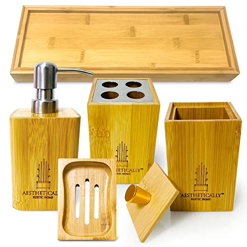 AESTHETICALLY RUSTIC HOME | 5 PC Bathroom Accessories Set Natural Bamboo | Includes Handwash Dispenser Toothbrush Holder Cotton Swab Box Bar Soap Holder & Holding Tray