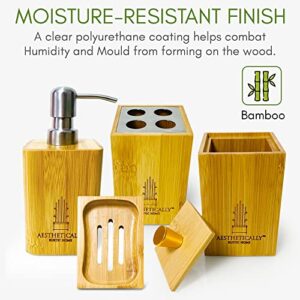 AESTHETICALLY RUSTIC HOME | 5 PC Bathroom Accessories Set Natural Bamboo | Includes Handwash Dispenser Toothbrush Holder Cotton Swab Box Bar Soap Holder & Holding Tray