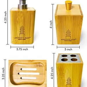 AESTHETICALLY RUSTIC HOME | 5 PC Bathroom Accessories Set Natural Bamboo | Includes Handwash Dispenser Toothbrush Holder Cotton Swab Box Bar Soap Holder & Holding Tray