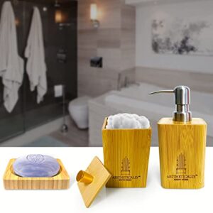 AESTHETICALLY RUSTIC HOME | 5 PC Bathroom Accessories Set Natural Bamboo | Includes Handwash Dispenser Toothbrush Holder Cotton Swab Box Bar Soap Holder & Holding Tray