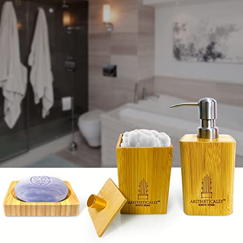 AESTHETICALLY RUSTIC HOME | 5 PC Bathroom Accessories Set Natural Bamboo | Includes Handwash Dispenser Toothbrush Holder Cotton Swab Box Bar Soap Holder & Holding Tray