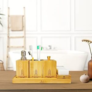 AESTHETICALLY RUSTIC HOME | 5 PC Bathroom Accessories Set Natural Bamboo | Includes Handwash Dispenser Toothbrush Holder Cotton Swab Box Bar Soap Holder & Holding Tray