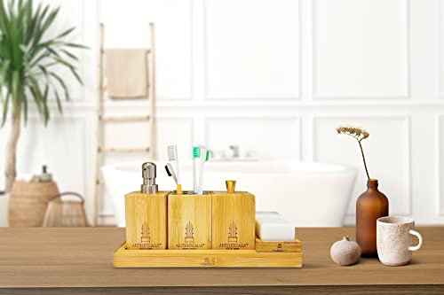 AESTHETICALLY RUSTIC HOME | 5 PC Bathroom Accessories Set Natural Bamboo | Includes Handwash Dispenser Toothbrush Holder Cotton Swab Box Bar Soap Holder & Holding Tray