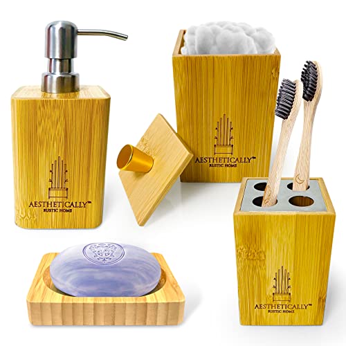 AESTHETICALLY RUSTIC HOME | 5 PC Bathroom Accessories Set Natural Bamboo | Includes Handwash Dispenser Toothbrush Holder Cotton Swab Box Bar Soap Holder & Holding Tray