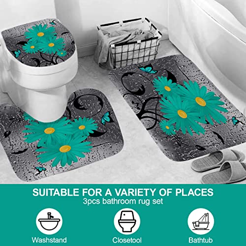 4Pcs Green Daisy Shower Curtain Sets with Non-Slip Rugs, Toilet Lid Cover and Bath Mat, Floral Butterfly Bathroom Decor Set Accessories Waterproof Shower Curtains with 12 Hooks, 72 x 72 Inch