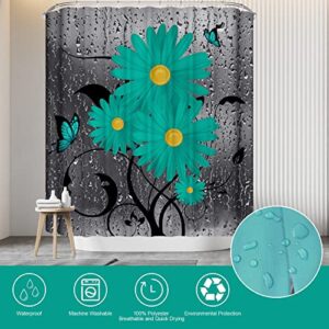 4Pcs Green Daisy Shower Curtain Sets with Non-Slip Rugs, Toilet Lid Cover and Bath Mat, Floral Butterfly Bathroom Decor Set Accessories Waterproof Shower Curtains with 12 Hooks, 72 x 72 Inch