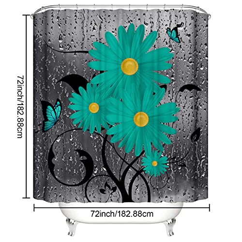 4Pcs Green Daisy Shower Curtain Sets with Non-Slip Rugs, Toilet Lid Cover and Bath Mat, Floral Butterfly Bathroom Decor Set Accessories Waterproof Shower Curtains with 12 Hooks, 72 x 72 Inch