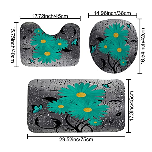 4Pcs Green Daisy Shower Curtain Sets with Non-Slip Rugs, Toilet Lid Cover and Bath Mat, Floral Butterfly Bathroom Decor Set Accessories Waterproof Shower Curtains with 12 Hooks, 72 x 72 Inch