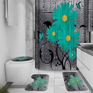 4Pcs Green Daisy Shower Curtain Sets with Non-Slip Rugs, Toilet Lid Cover and Bath Mat, Floral Butterfly Bathroom Decor Set Accessories Waterproof Shower Curtains with 12 Hooks, 72 x 72 Inch