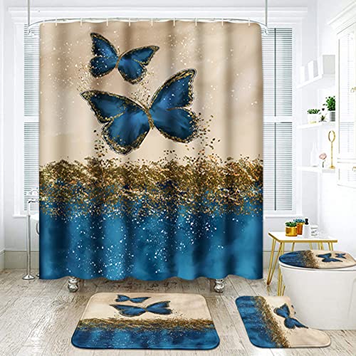 4 Pcs Shower Curtain Set,Blue Butterfly Gold Luxury Abstract Art Painting Modern Wall Art Shower Curtain with Non-Slip Rugs,Toilet Lid Cover and Bath Mat,Bathroom Sets Decorations 72" x 72"