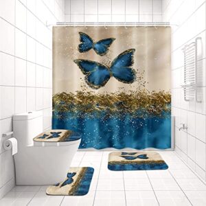 4 Pcs Shower Curtain Set,Blue Butterfly Gold Luxury Abstract Art Painting Modern Wall Art Shower Curtain with Non-Slip Rugs,Toilet Lid Cover and Bath Mat,Bathroom Sets Decorations 72" x 72"