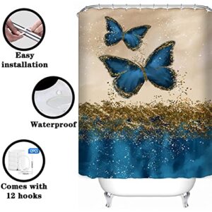 4 Pcs Shower Curtain Set,Blue Butterfly Gold Luxury Abstract Art Painting Modern Wall Art Shower Curtain with Non-Slip Rugs,Toilet Lid Cover and Bath Mat,Bathroom Sets Decorations 72" x 72"